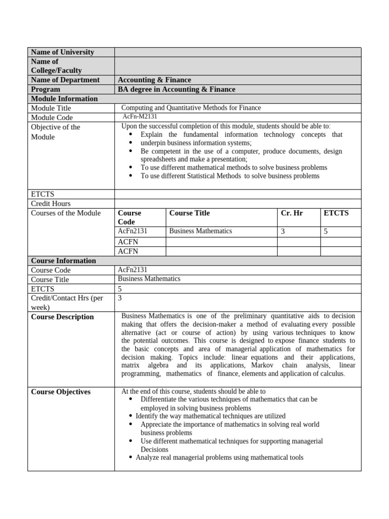 Business Mathematics Syllabus-Template | PDF | Matrix (Mathematics) | Linear Programming