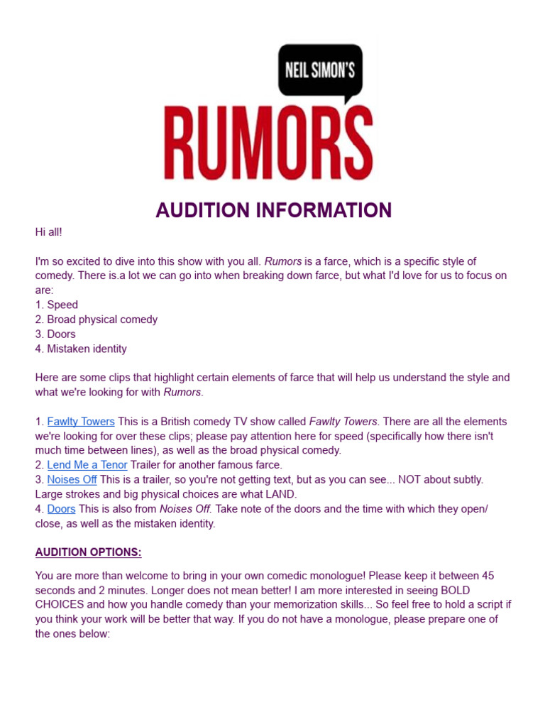 Rumors Audition Information | PDF