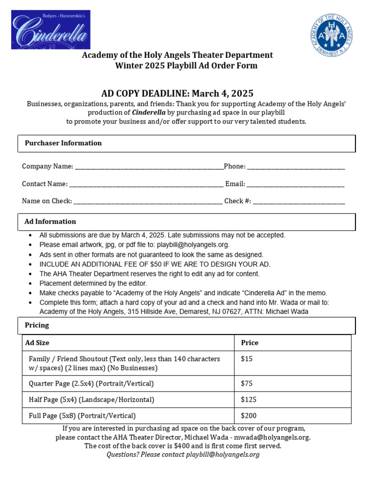 Playbill Ad Form - Cinderella | PDF