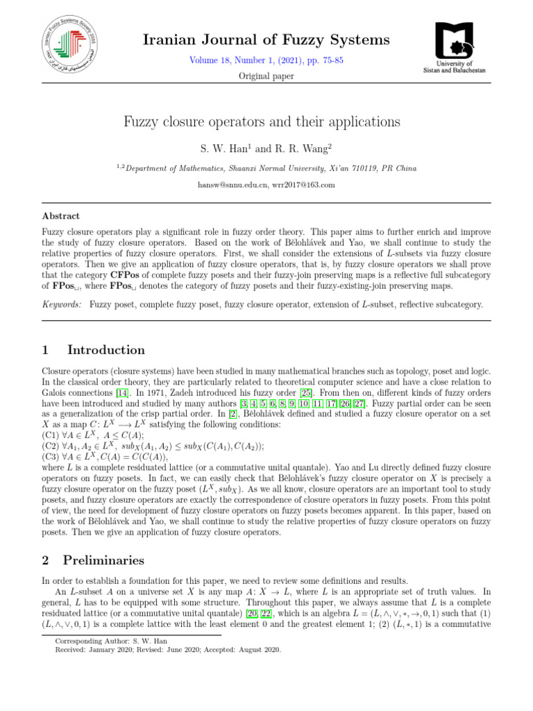 IJFS - Volume 18 - Issue 1 - Pages 75-85 | PDF | Fuzzy Logic | Mathematical Structures