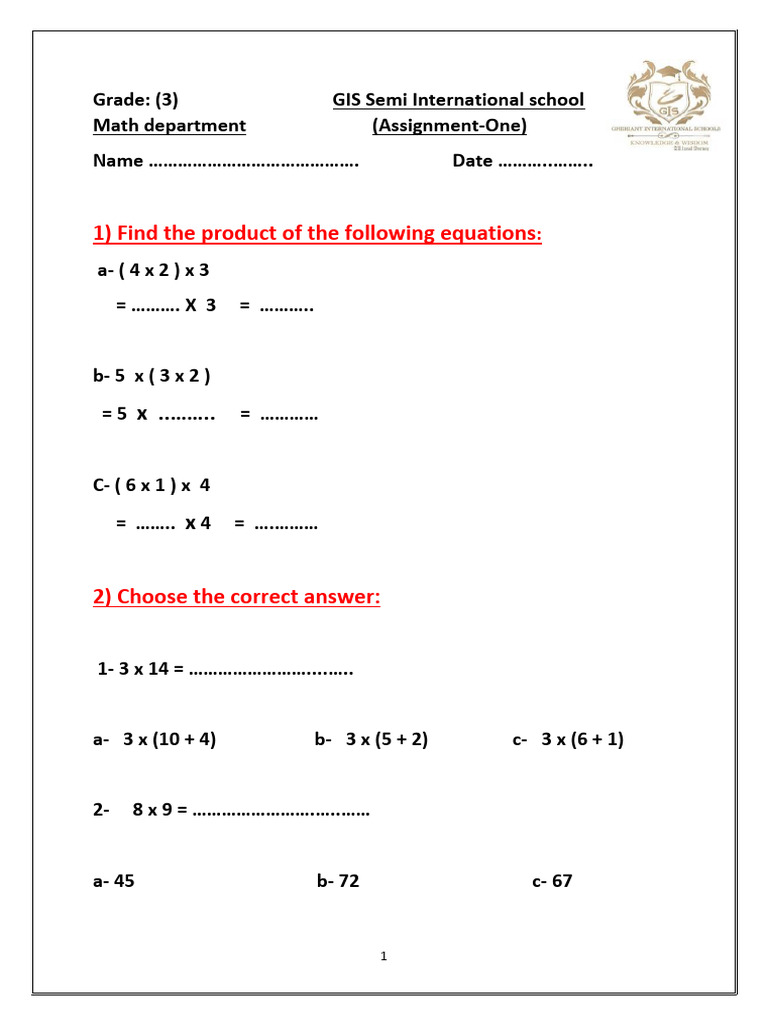 Grade 3 - Math - ( (Assignment. ) ) 1 | PDF