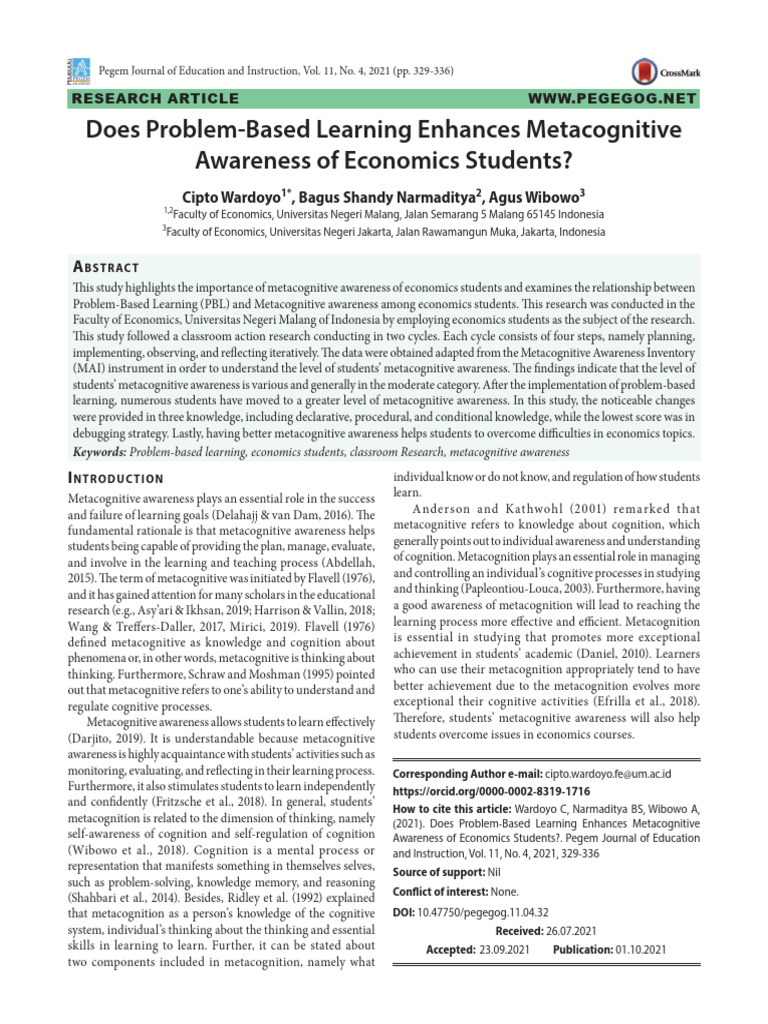 Does Problem-Based Learning Enhances Metacognitive Awareness of Economics Students? | PDF ...