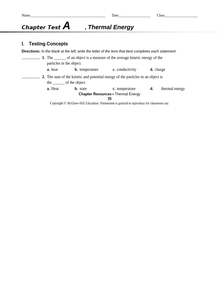 Thermal Energy Chapter Test A | PDF | Heat | Engines