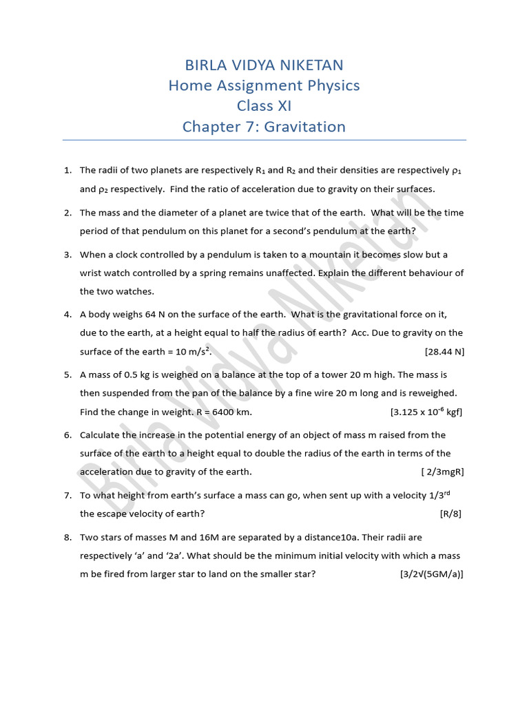 Ch7 Physics Home Assignment Gravitation | PDF