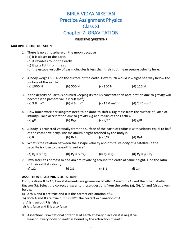 Ch7 Physics Practice Assignment Gravitation | PDF | Gravity | Mass