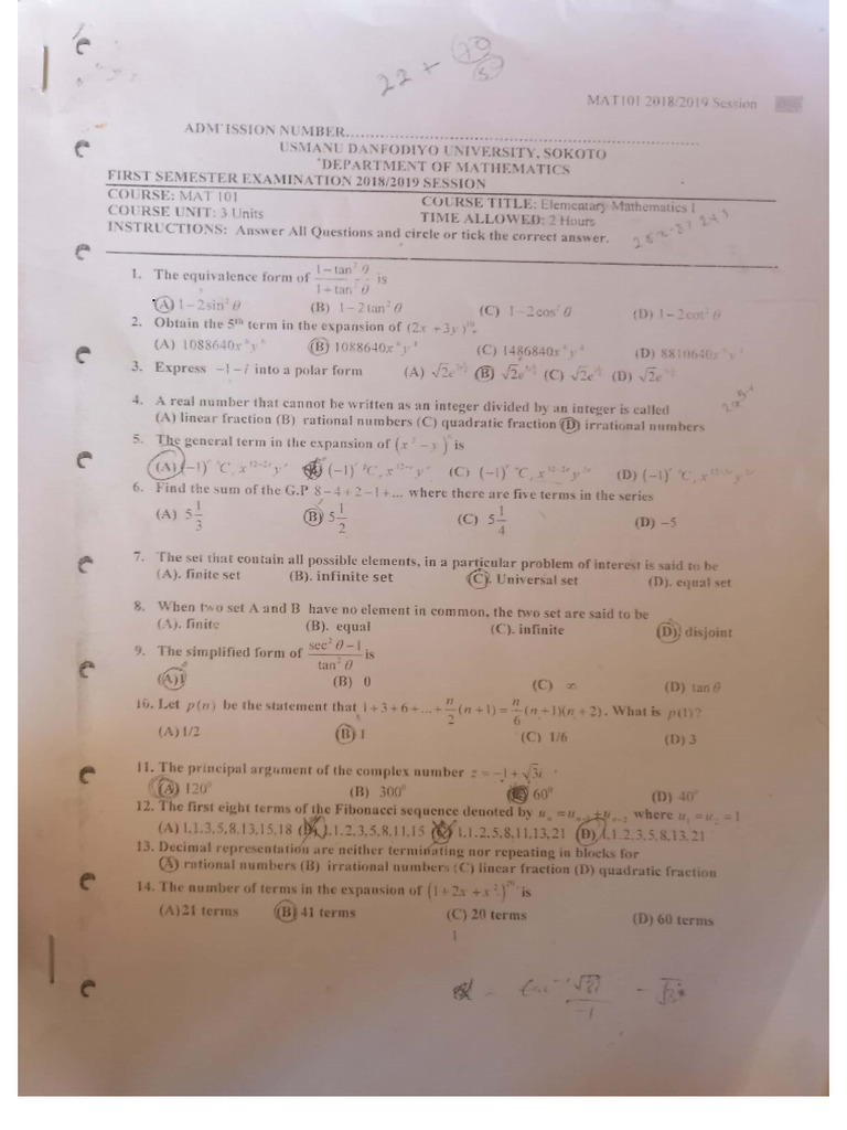 Mathematics Past Questions-1 | PDF