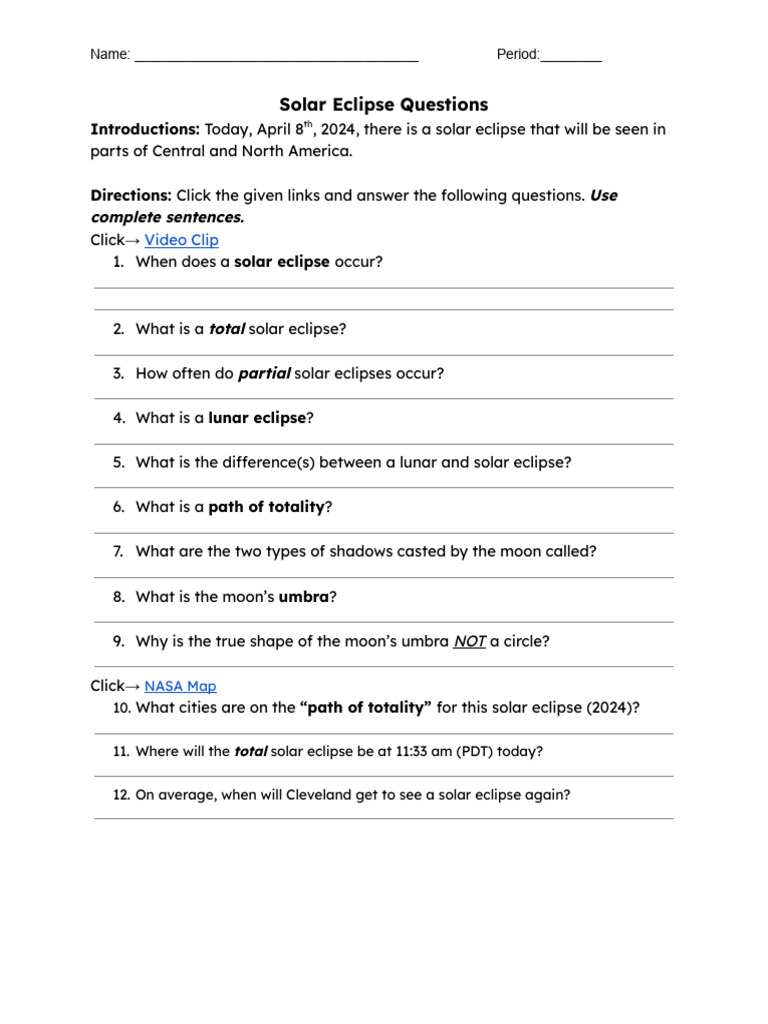Solar Eclipse Questions | PDF
