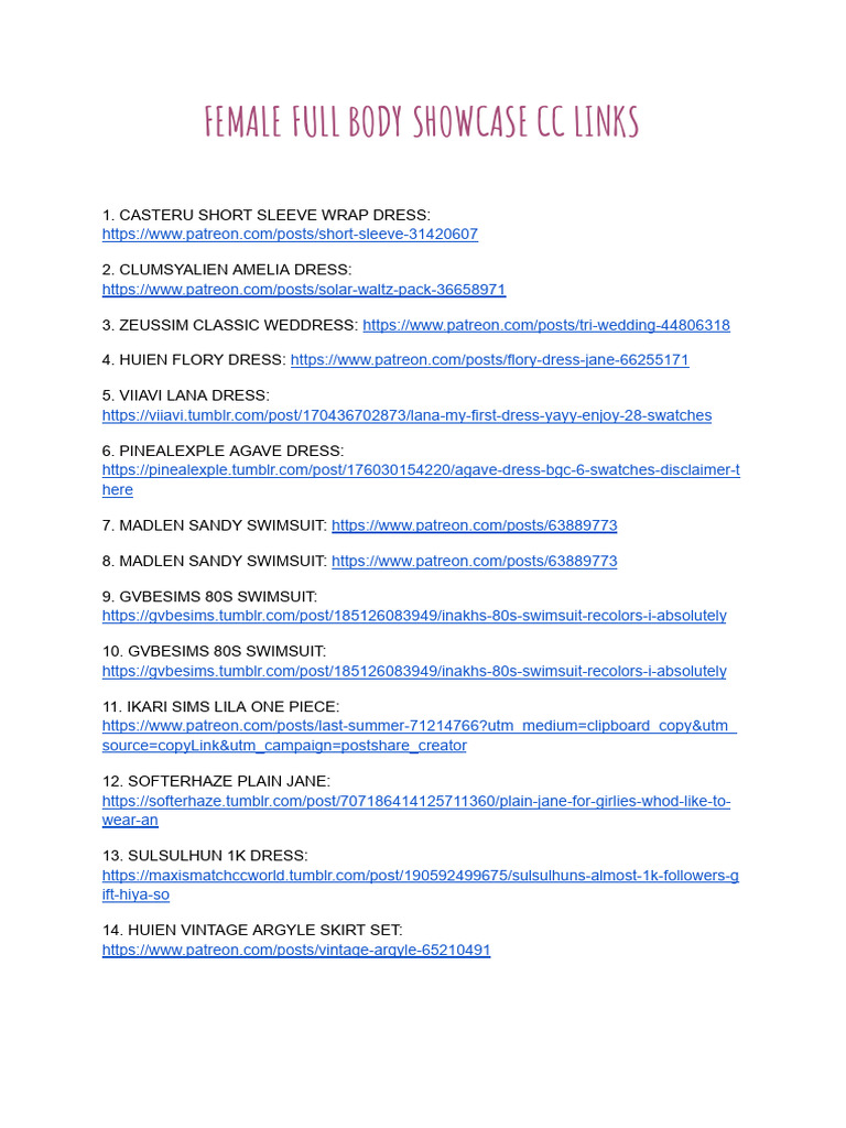 Female Full Body Showcase CC Links | PDF | Dress | Fashion