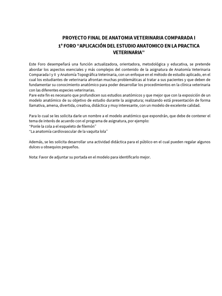 Proyecto Final Anat Vet Comp I - Otoño 2024 | PDF
