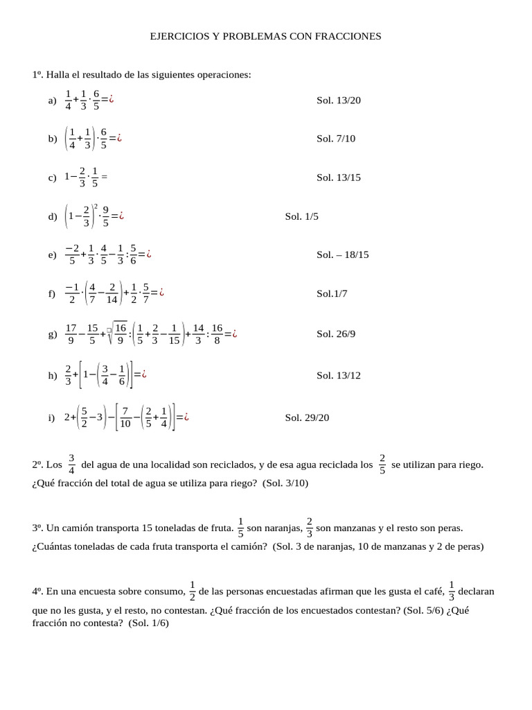 EJERCICIOS - DE - FRACCIONES - CON - SOLUCIONES 1ºeso | PDF