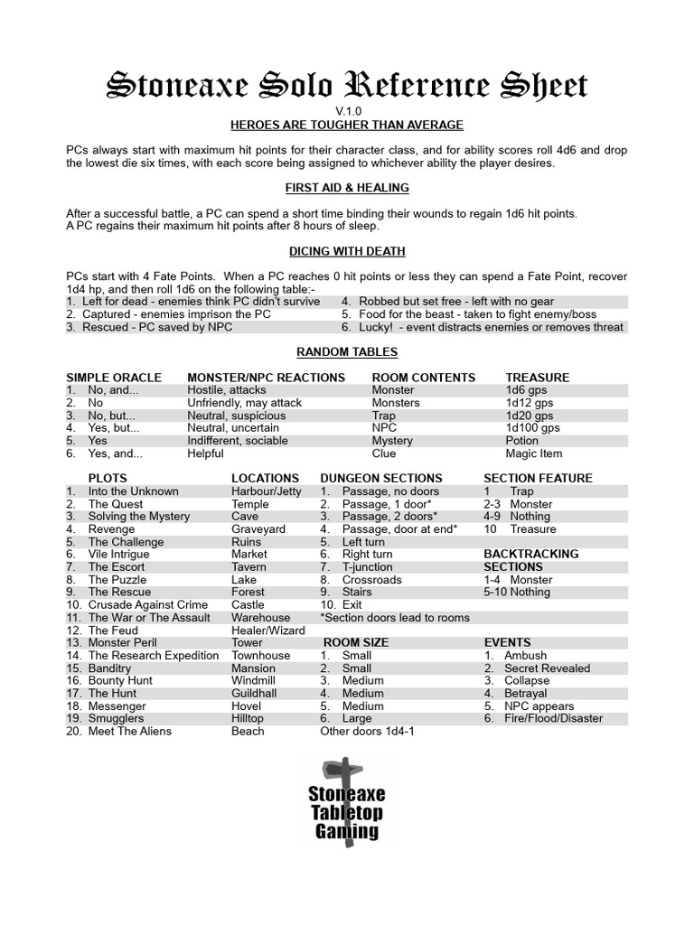 Stoneaxe Solo RPG Reference Guide | PDF | Video Games | Role Playing Games