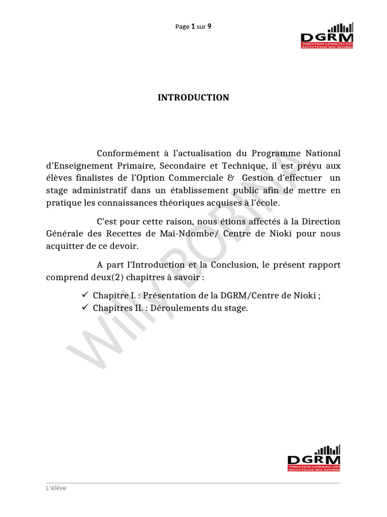 Rapport de stage à la DGRM de Nioki | PDF | Impôts