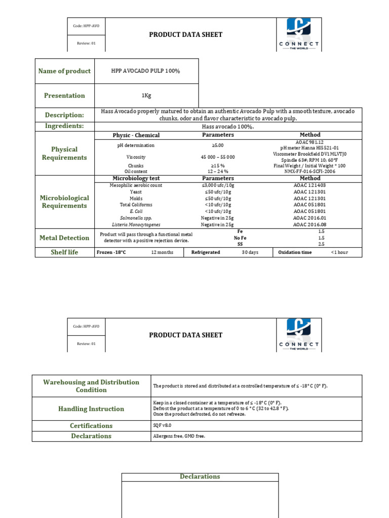 HPP Avocado Pulp TDS CTW 2020 | PDF