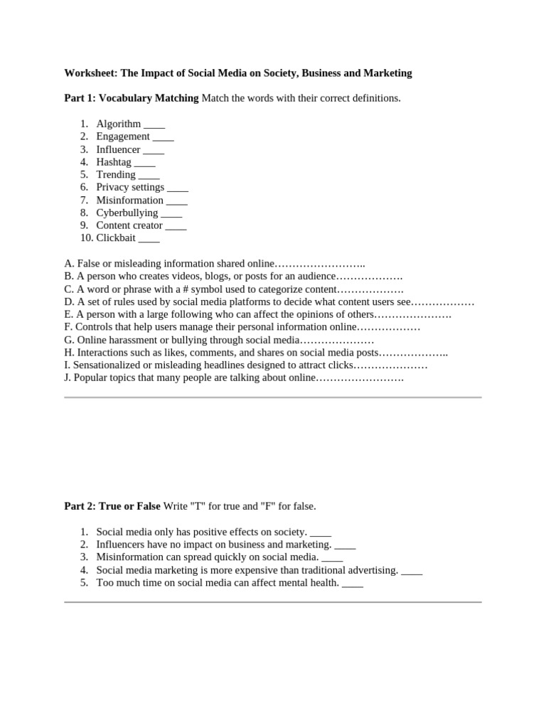 Worksheet on Impact of Social Media on Business | PDF