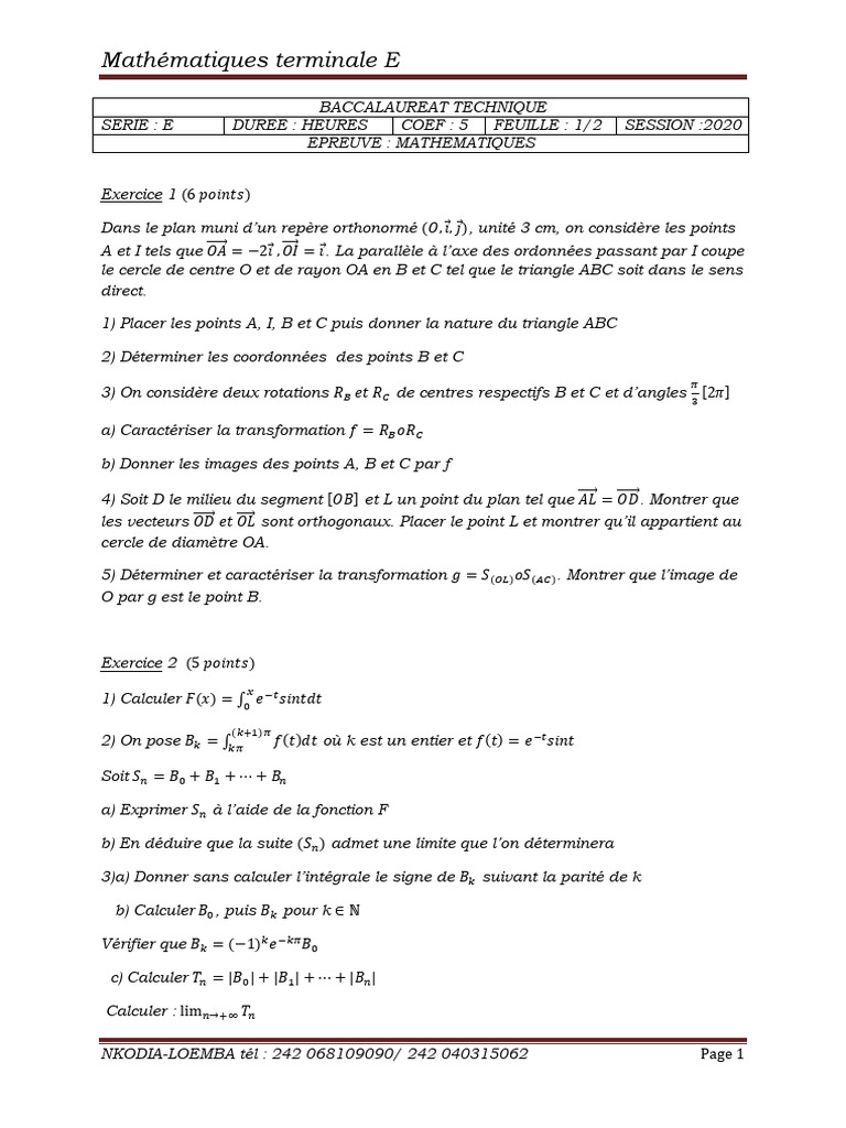 Mathématiques Bac Technique Série E 2020 | PDF | Fonction ...