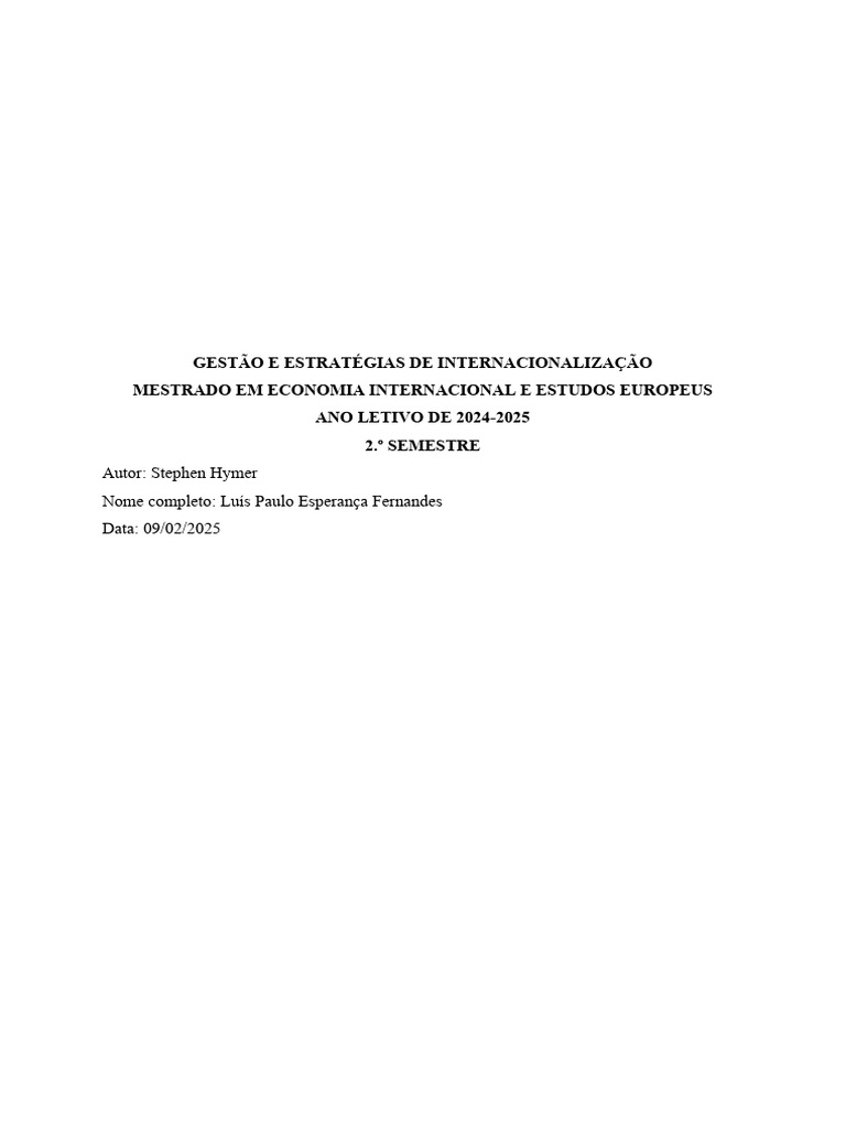 Stephen Hymer - Luís Fernandes (60670) | PDF | Foreign Direct ...