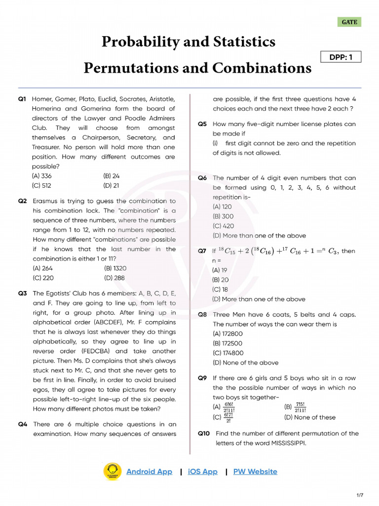Permutations and Combinations - DPP 01 | PDF