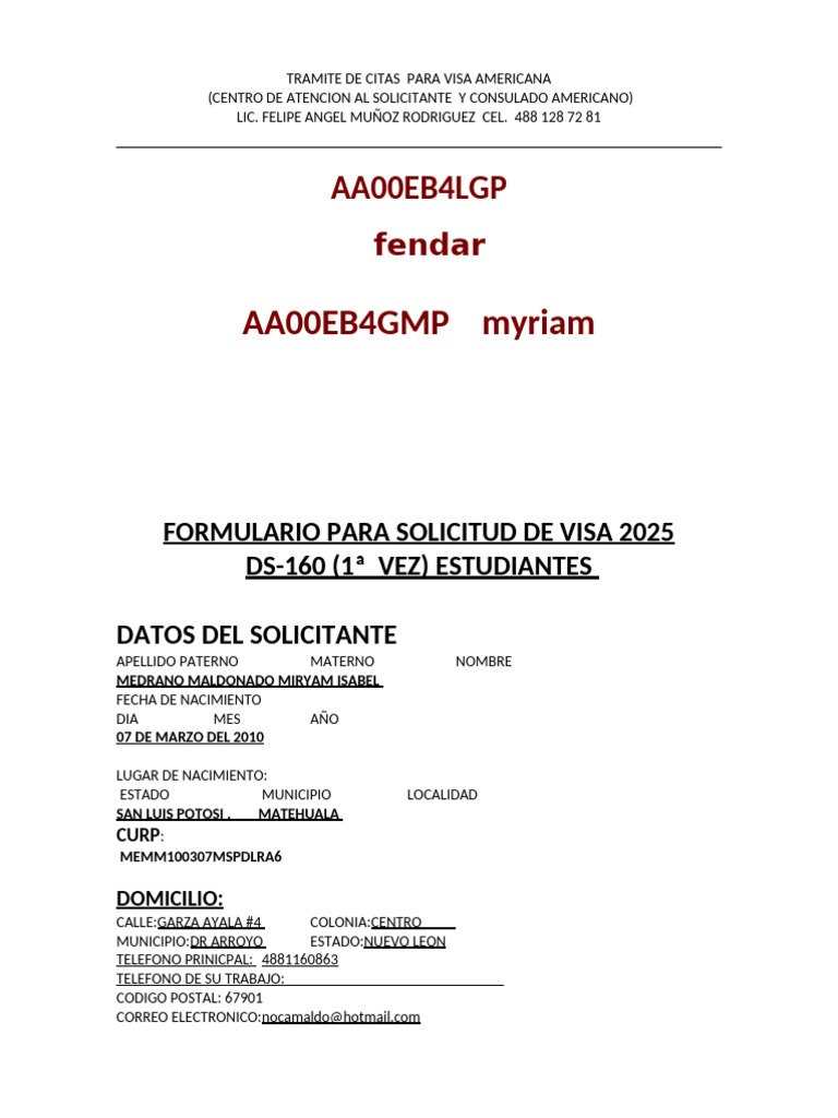 Formato de Visa Americana ds-160 | PDF