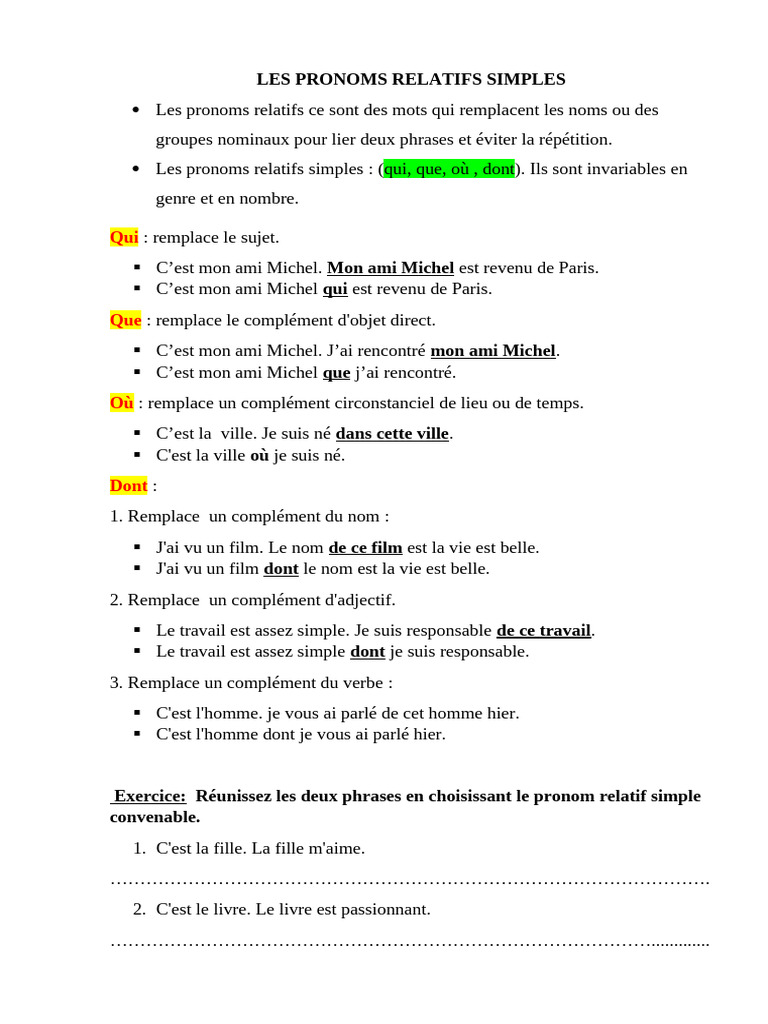 Les pronoms relatifs simples expliqués | PDF | Pronom | Phrase