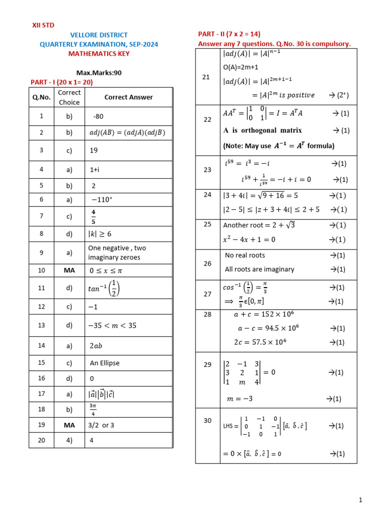 12M - Key - Vellore DT - EM - Quat - Sep-2024 | PDF | Mathematical ...