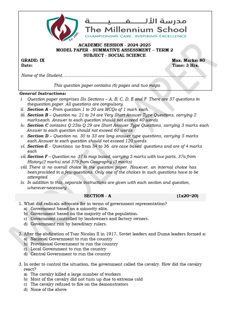 Social Science Model Paper for Grade IX | PDF | Government