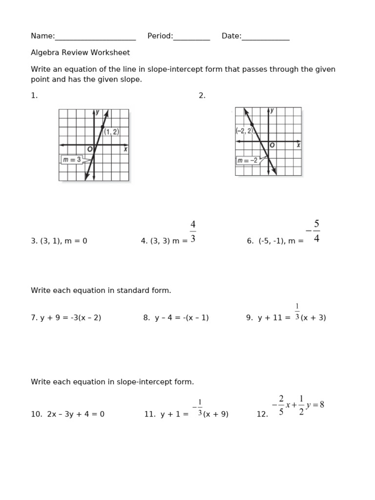 Algebra Review Worksheet | PDF