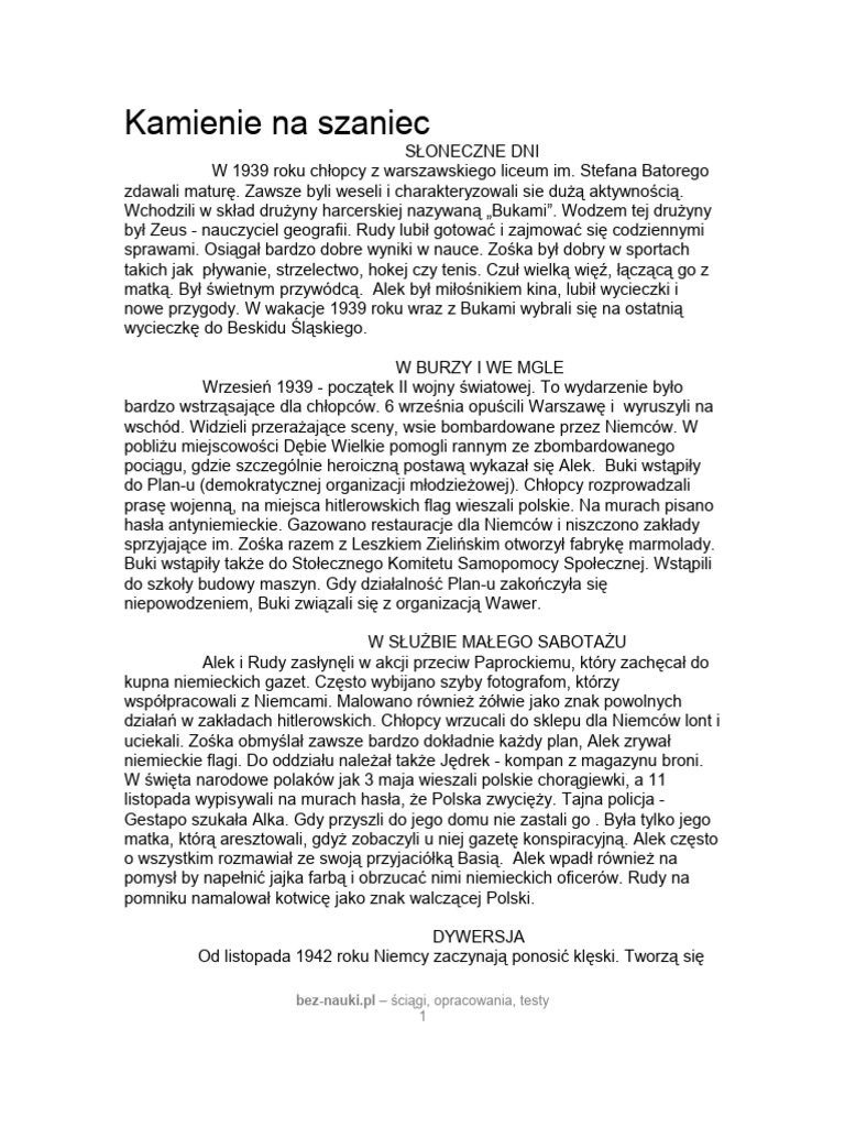Kamienie Na Szaniec Streszczenie | PDF