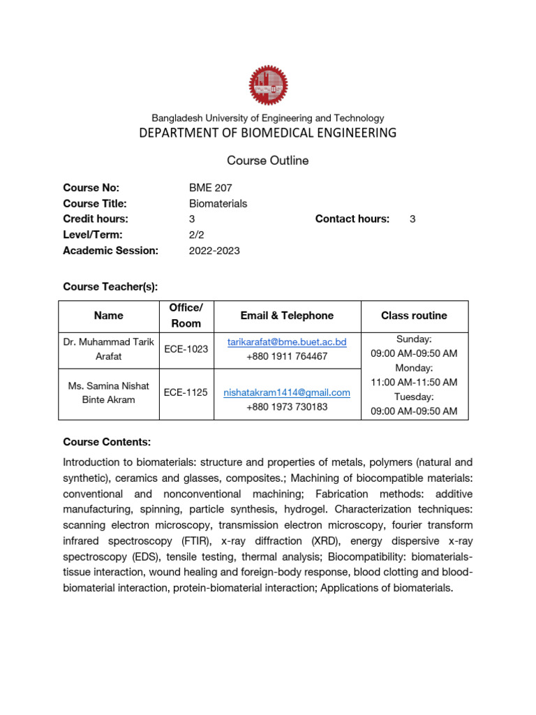 BME 207 - Course Outline - January 2024 | PDF | Biomaterial | Microscopy