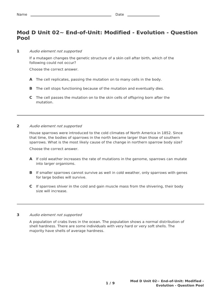 Mod D Unit 02 - End-of-Unit - Modified - Evolution - Question Pool ...