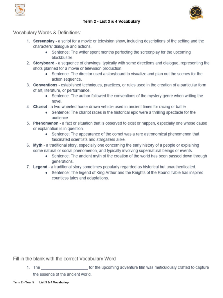 Year 5 Term 2 Vocabulary Lists | PDF | Narrative | Hero