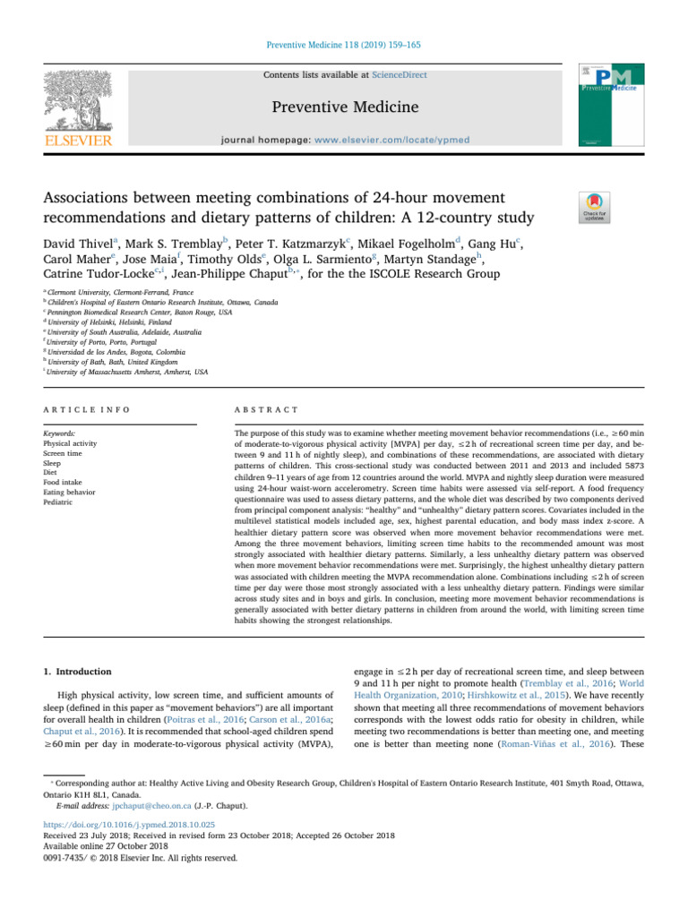 Thivel Et Al (2019) Associations Between Meeting Combinations of 24 ...