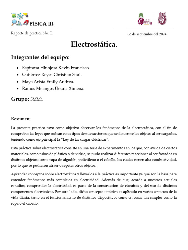 Practica 1 Electrostatica Espinosa Hinojosa Kevin Francisco | PDF | Electrostática | Electricidad
