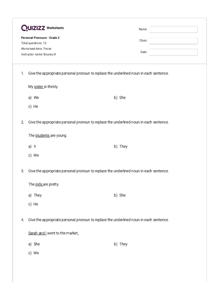 Personal Pronouns - Grade 2 - Quizizz | PDF | Pronoun | Morphology