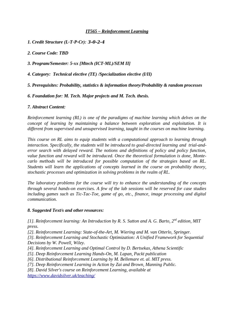 Reinforcement Learning Course Overview | PDF | Machine Learning | Cognitive Science