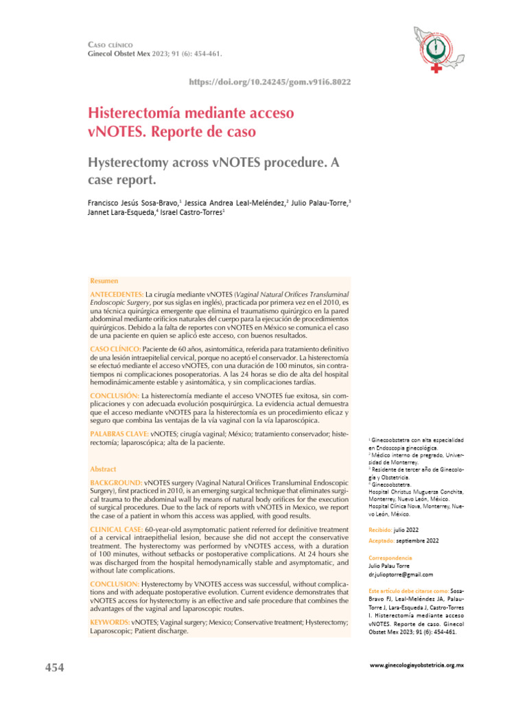 Hysterectomy Across VNOTES Procedure a Case Report | PDF | Cirugía ...