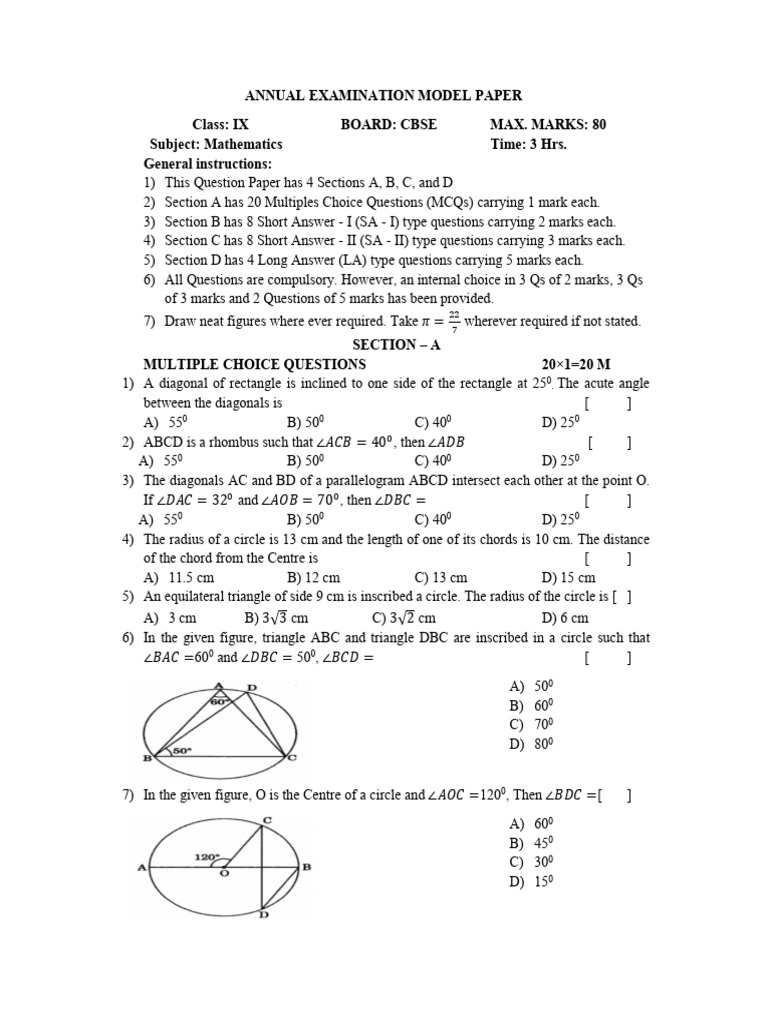 Ix Cbse Annual Exam Model Paper | PDF | Area | Circle