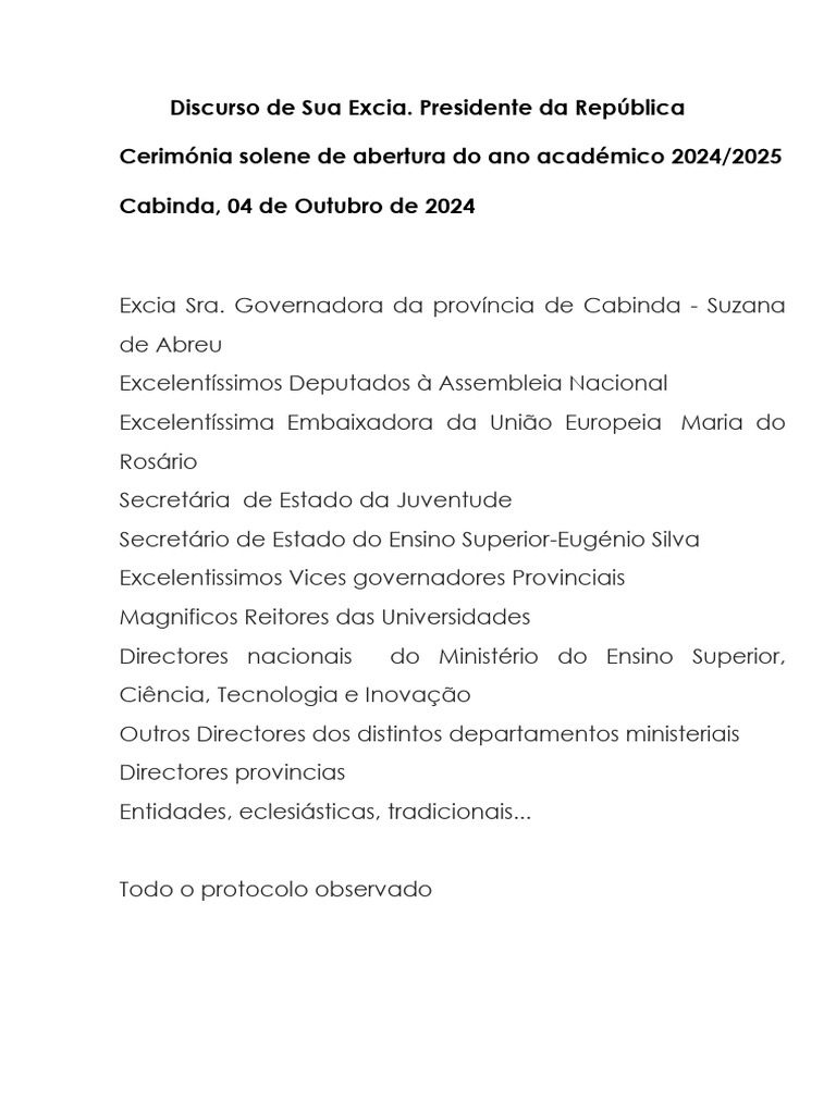 Abertura do Ano Acadêmico 2024/2025 em Angola | PDF | Aquecimento ...