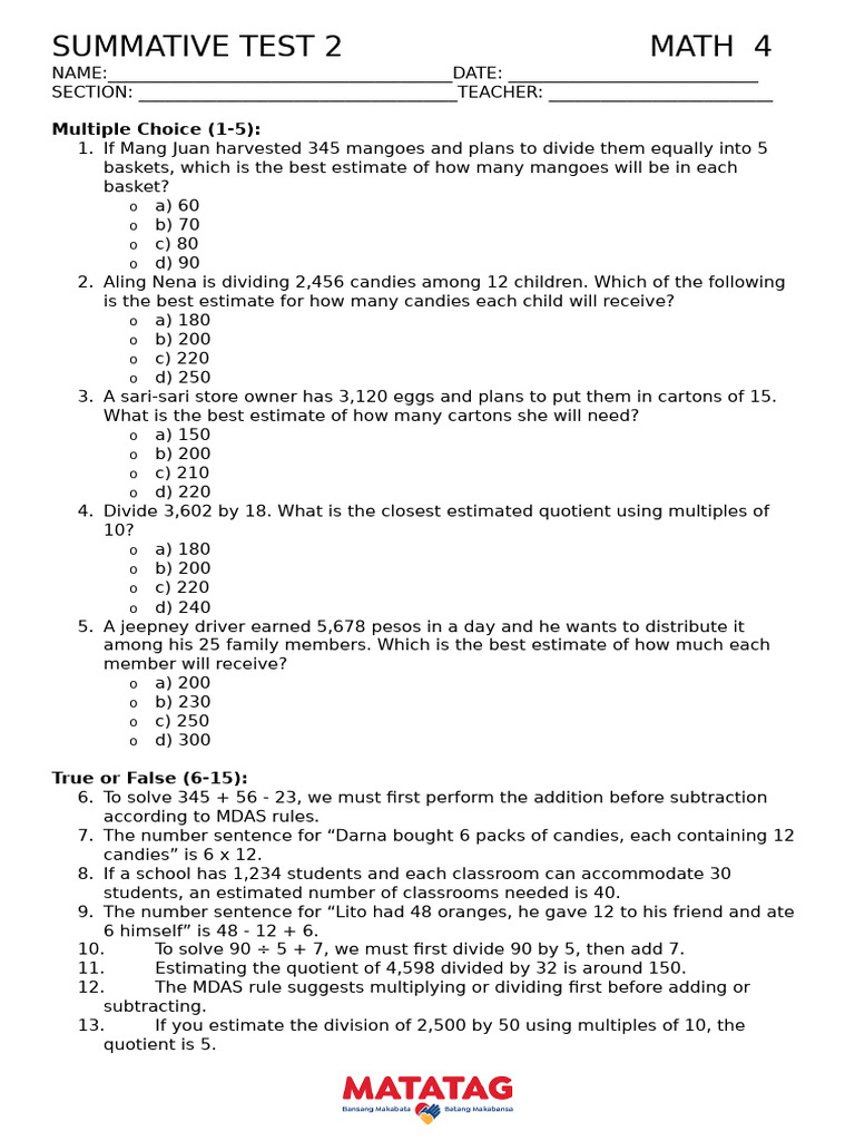 Math 4 Summative 02 | PDF | Division (Mathematics) | Arithmetic
