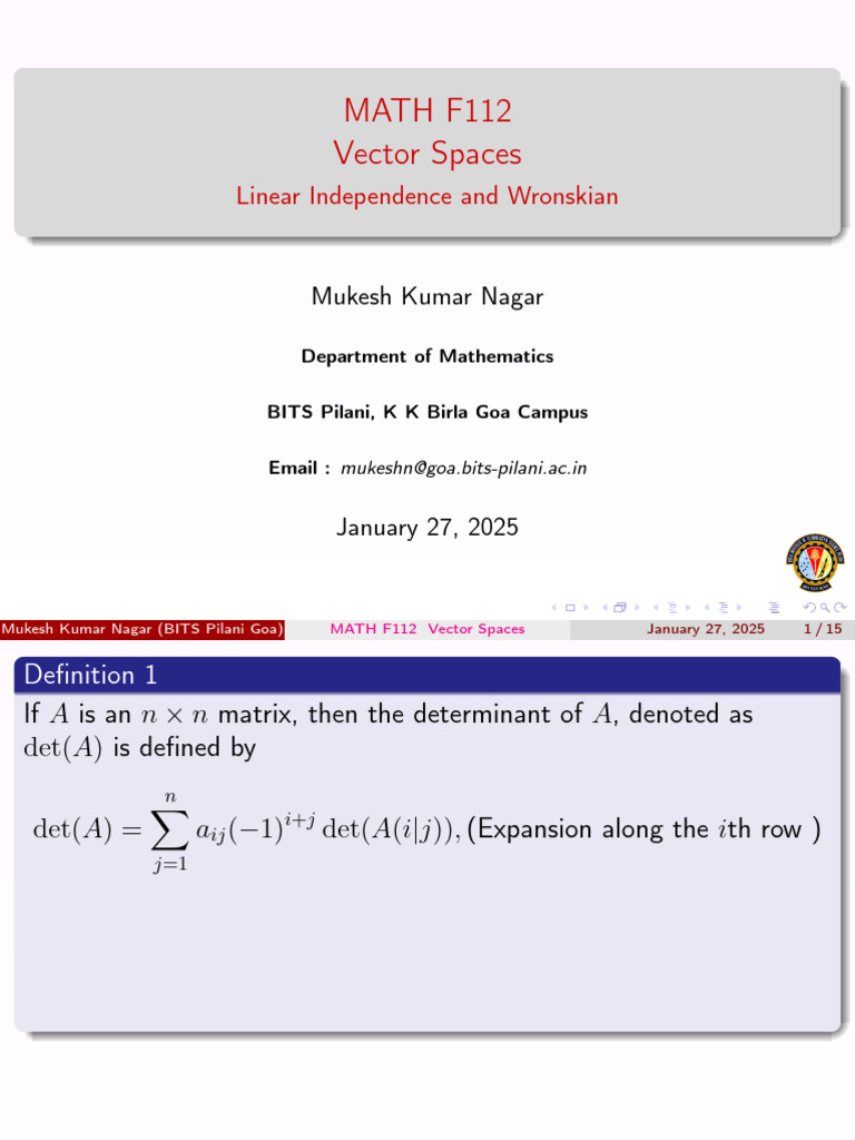 Lec 9 Linear Independence and Wronskian | PDF | Basis (Linear Algebra ...