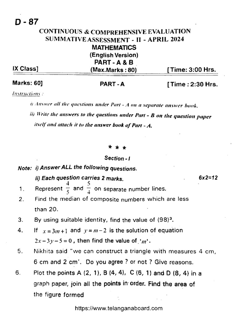Tsbie Class 9 Sa 2 Mathematics D 87 Apr 2024 | PDF