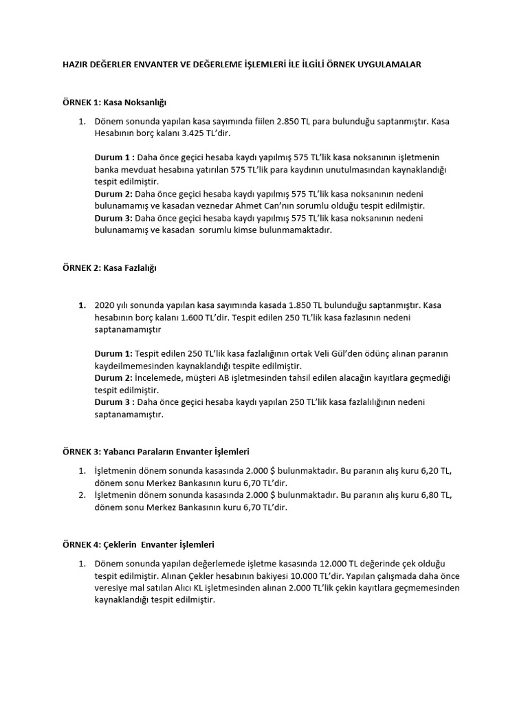 Hazir Değerler Envanter Ve Değerleme İşlemleri̇ İle İlgi̇li̇ Örnek Uygulamalar | PDF