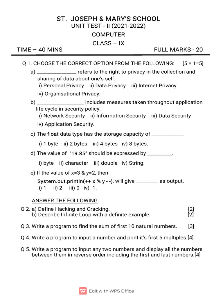Class 9-Unit Test2 - QP (21-22) | PDF