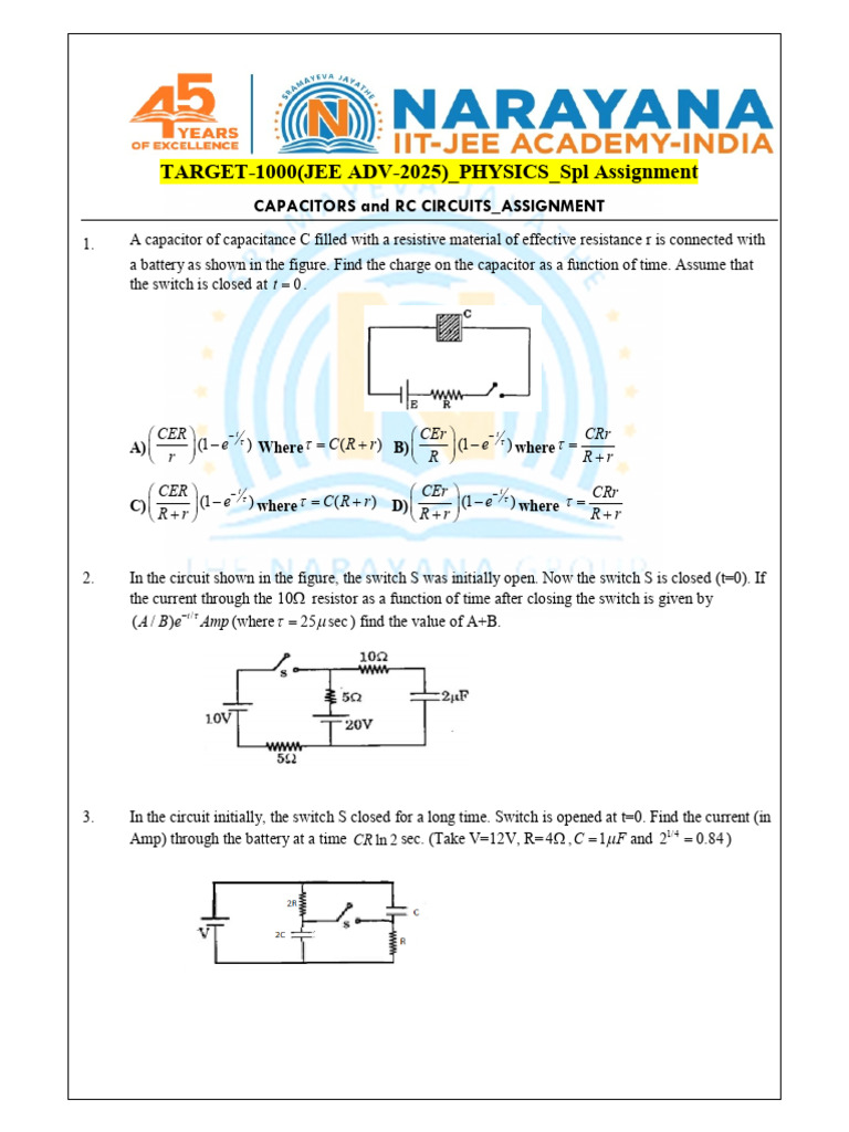 Target-1000 (Jee Adv-2025) - Physics - SPL Assignment - Capacitors and RC Circuits | PDF ...