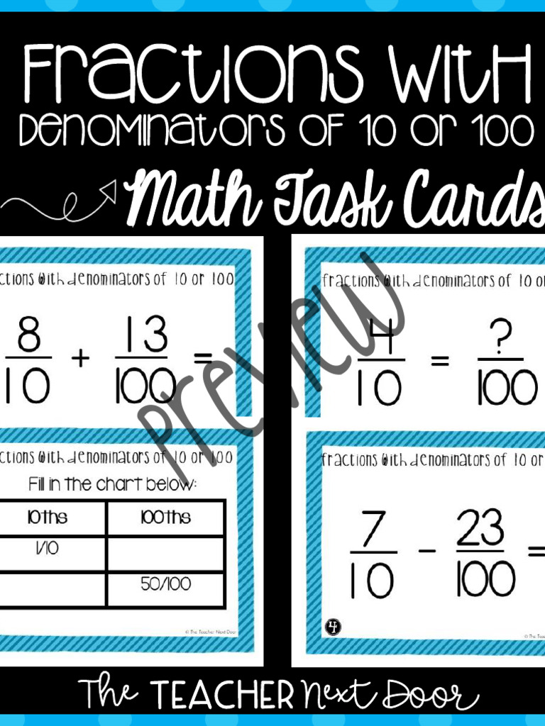 4th Grade Fractions With Denominators of 10 and 100 Task Cards Preview ...