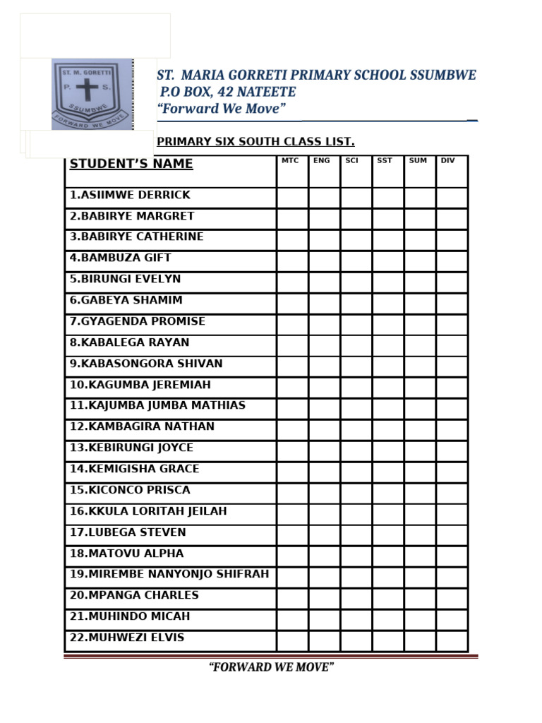 Primary Six Class List - St. Maria Gorreti | PDF
