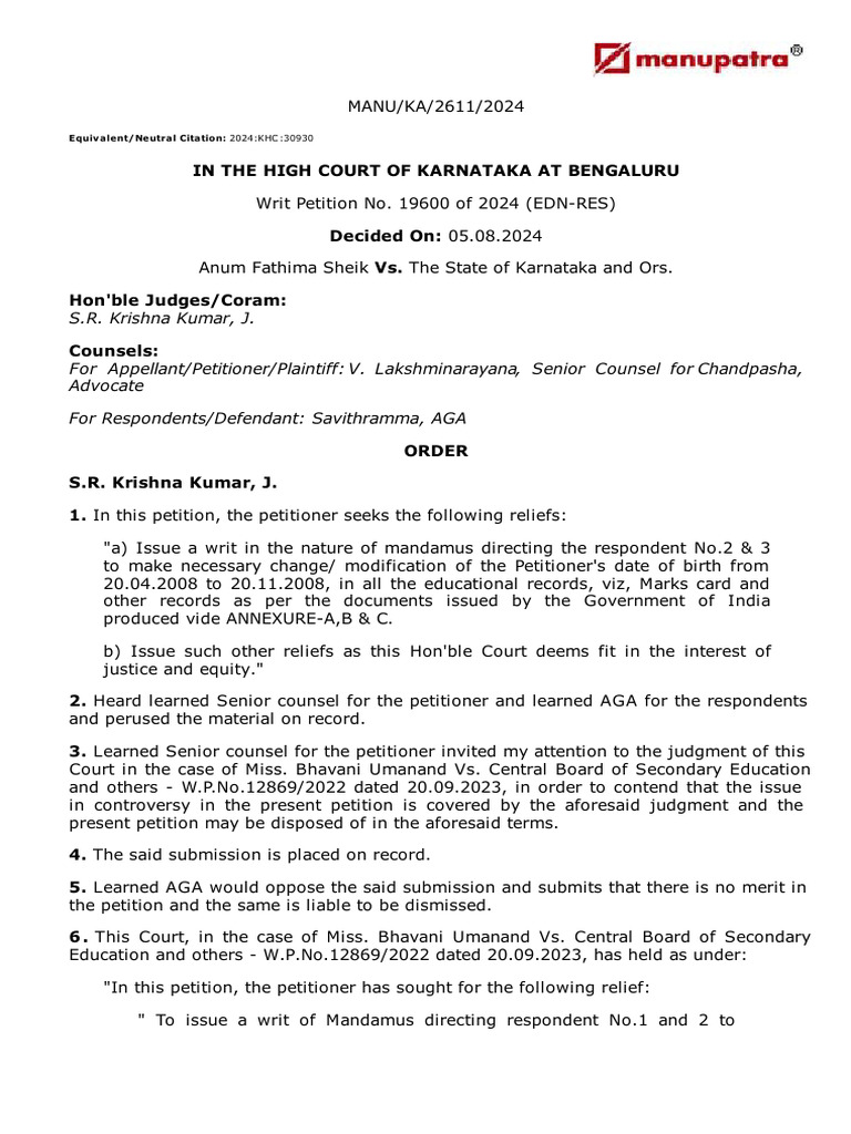 Anum Fathima Sheik vs. The State of Karnataka and Ors. (05.08.2024 ...