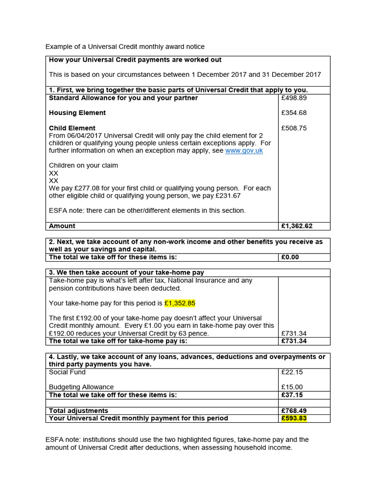 Universal Credit Monthly Award Breakdown | PDF