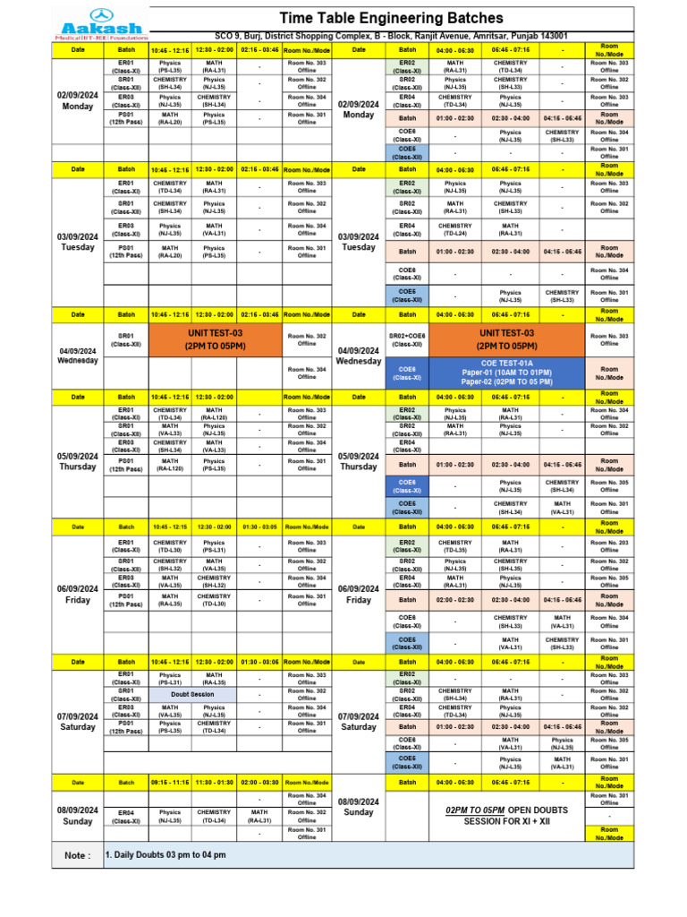 Final - Engineering Time Table - 02 Sep 2024 To 08 Sep 2024 | PDF