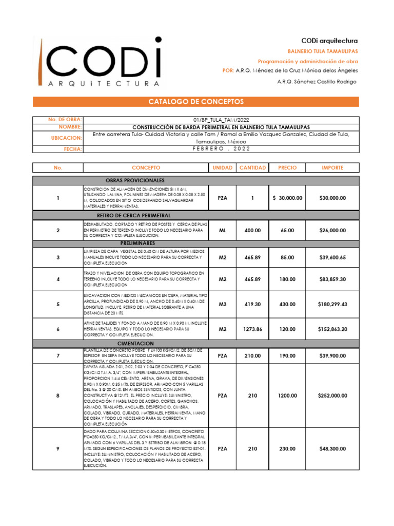 Catalogo de Conceptos Codi - Barda Perimetral Tula-Tam | PDF | Ingeniería mecánica | edificio