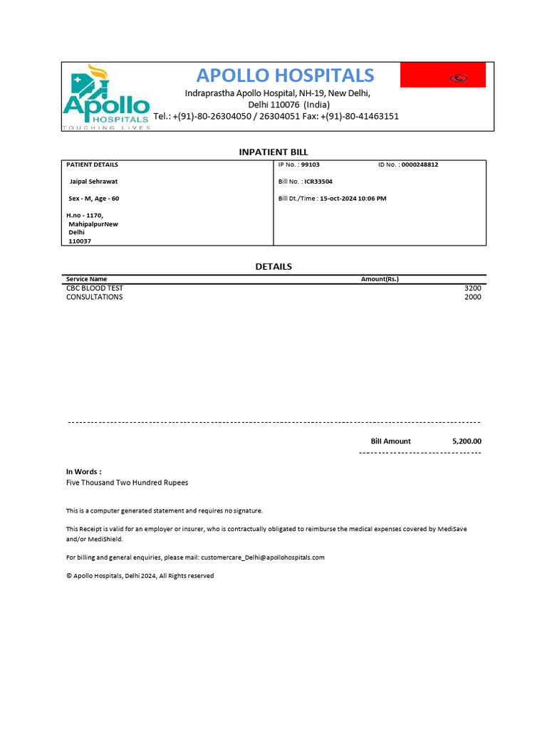 Inpatient Bill for Jaipal Sehrawat | PDF